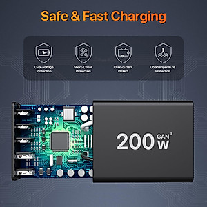 USB C Charger, 200W 5-Port USB Charging Station Hub Fast GaN Charger Power Adapter, Compatible with MacBook Pro/Air, Google Pixelbook, ThinkPad, iPhone 15/14/13/12 Series, Samsung Galaxy S23/S22