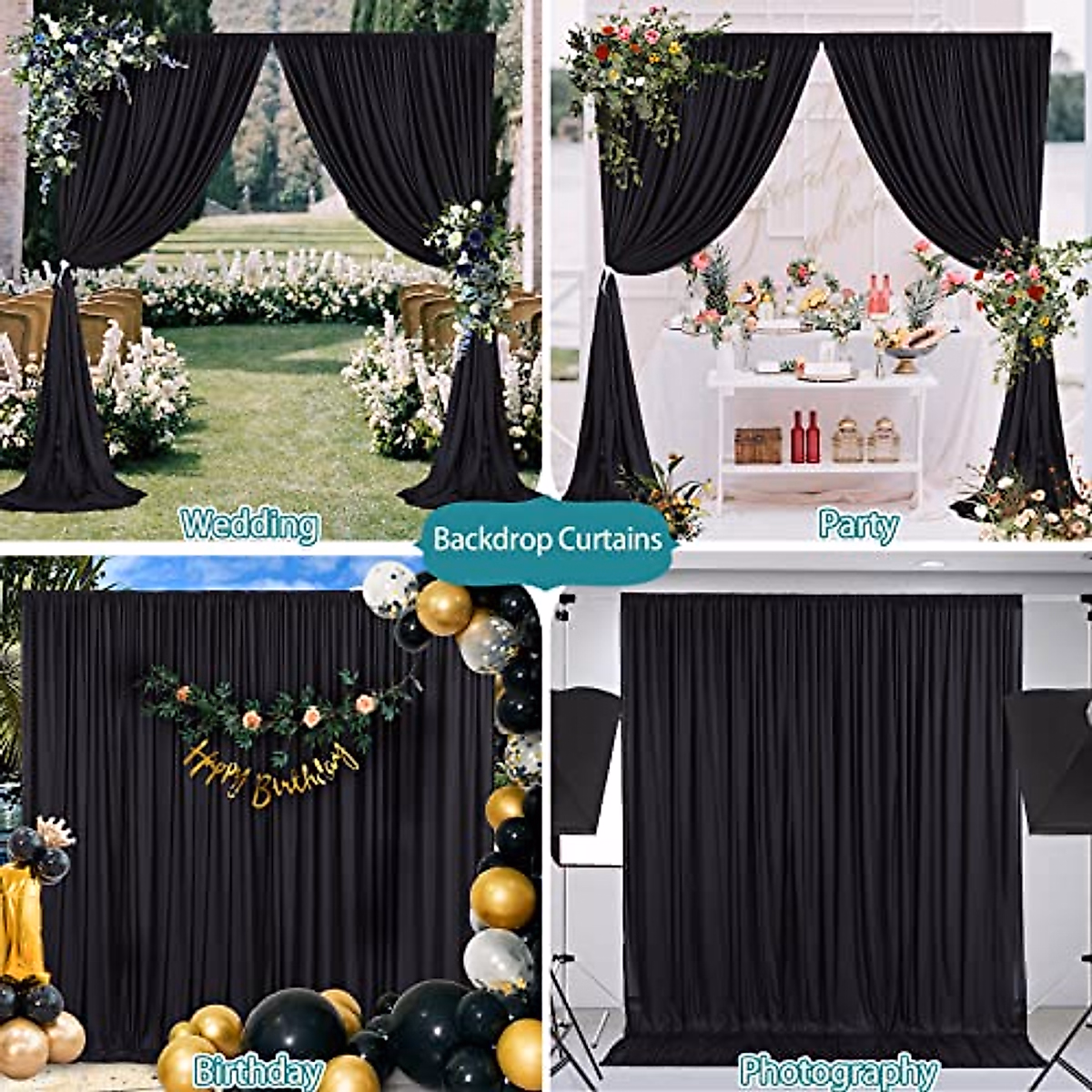 PARTY TALK Black Backdrop Curtains for Parties, 8ft x 10ft Wrinkle Free Polyester Black Curtain Backdrop for Photography Birthday Baby Shower Wedding Decorations