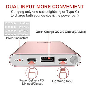 10000mAh PD 3.0 Power Bank Portable Charger Quick Charge USB C 18W Fast Charging Battery Pack Compatible for iPhone 14 13 12 11 X XS Pro MAX XR 8 iPad Mini Samsung Galaxy S20 S10 S9 S8 Smartphone Pink