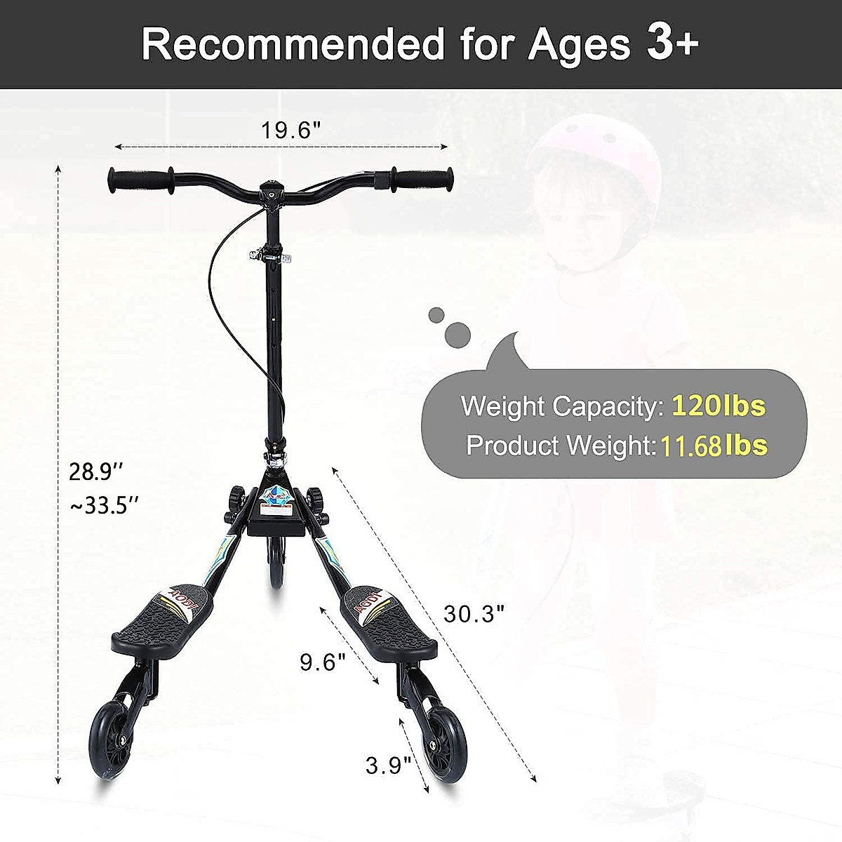 AODI Swing Scooter for Kids, 3 Wheels Foldable Wiggle Scooter Push Drifting with Adjustable & 2 Rear LED Wheels Kicks Scooter for Boys and Girls Ages 3-8