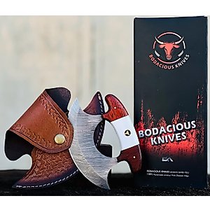 Bodacious Knives Damascus Ulu Knife- Handmade 5.5"" Alaskan Pizza Cutter Small Ulu Knife with Sheath- Ideal Alaska gifts for Chopping, Slicing, Mincing, and Skinning (Red & White), Traditional
