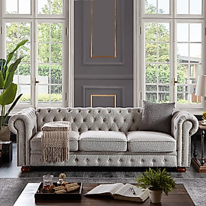LIADTOP, 3-Seat Chesterfield Sofa with Button Tufted, Nailhead Trim and Solid Wood Legs, Classical Linen Fabric Couch for Living Room, Office, Light Grey