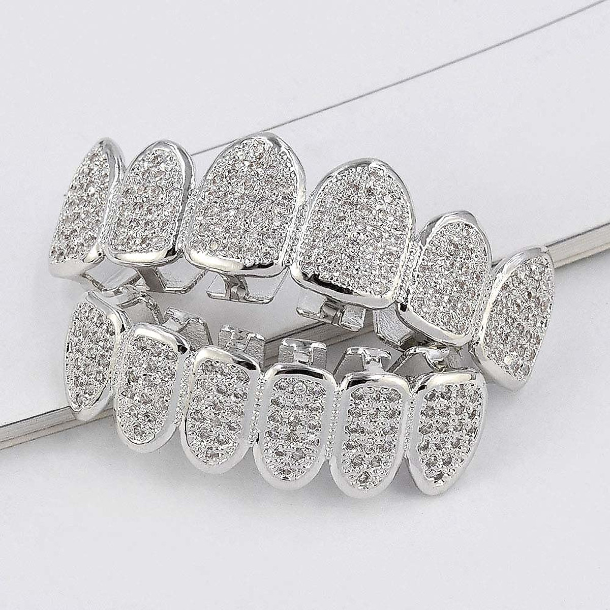 JINAO Fake Diamond Grill 18k Gold Plated All Face Iced Out Luxury Cubic Zirconia Silver Grillz for Your Teeth set with Extra Molding Bars Included Mouth Teeth Grills for Men Women (Silver set)