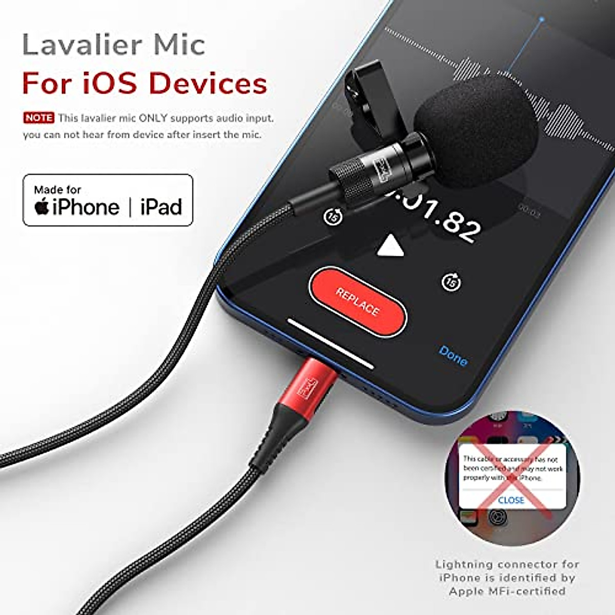 PIXEL Microphone for iPhone iPad(Apple MFi-Certified) from Mic for iPhone Live Streaming Vlogging | External Microphone for iPhone Video Recording, Compatible with Apple Lightning Devices (5ft)
