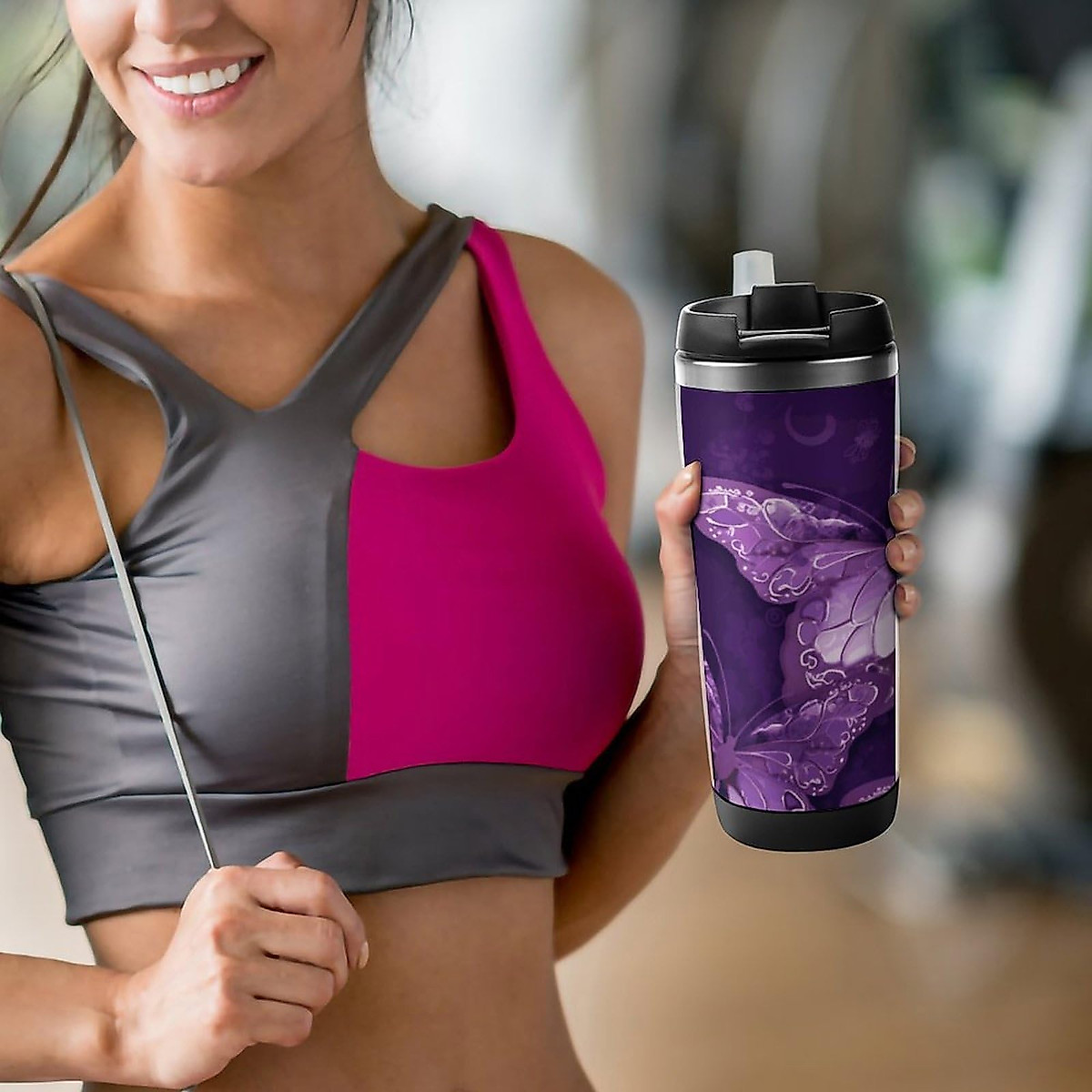 GHBNK Travel Coffee Mug Stainless Steel Insulated Coffee Mug Purple Butterflies Double Wall Travel Coffee Cup Reusable Insulated Tumbler with Lid for Iced And Hot Drinks