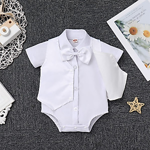 Summer Baptism Outfits for Boys Baby Christening Outfit Gentleman Suit Dedication White Dress Shirt Romper Bowtie Waistcoat Vest Shorts Newborn Baptismal Outfit Wedding Tuxedo Formal Easter 0-6 Months