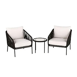 Four Seasons Courtyard Carrabelle 3 Piece Outdoor Patio Furniture Set with 2 Woven Rope Backrest Design Cushioned Chairs and Round Side Table, Black