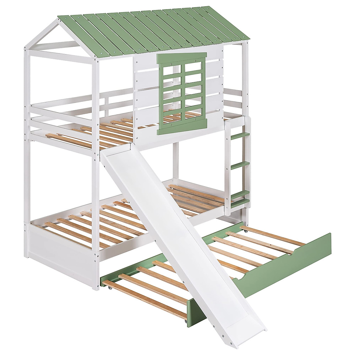BOVZA Twin Over Twin House Bunk Bed with Slide and Trundle, Wood Playhouse Bunk Bed Frame with Convertible Slide and Ladder for Kids Girls Boys, Green