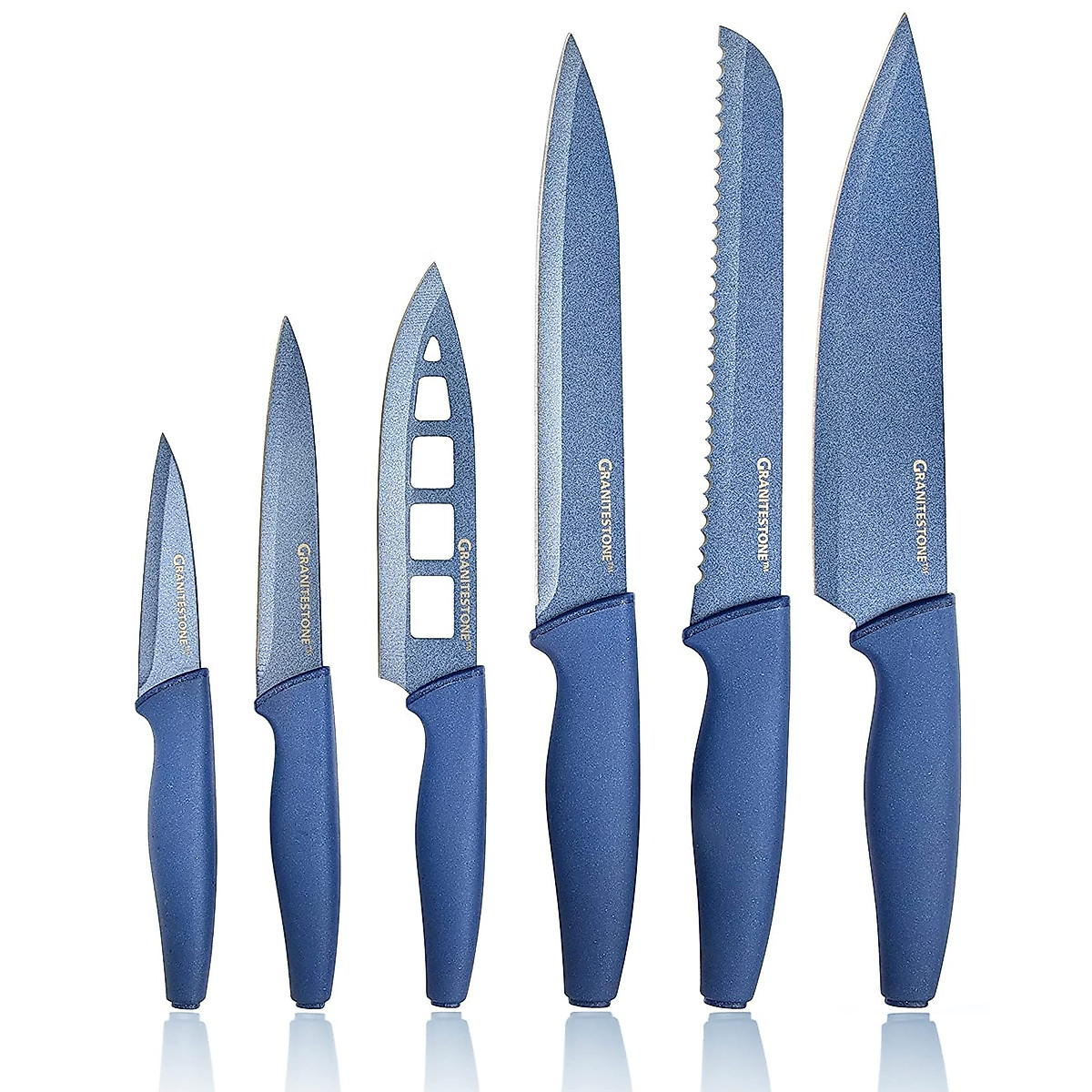 Nutriblade Knife Set with Block by Granitestone 6-Piece Professional Kitchen Chef’s Knives Ultra Sharp Stainless Steel Blades and Nonstick Granite Coating, Easy-Grip and Dishwasher-safe (Blue)