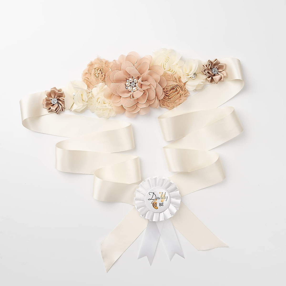 Baby Shower Maternity Sash Belly Belt, Mom to Be & Dad to Be Button Pin, Pregnancy Maternity Flower Sash Belt for Gender Reveal (Khaki)