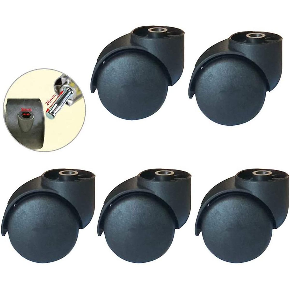 2 Inch Black Silent Stemless Caster, Furniture Casters, Replacement Swivel Chair Accessories, for Office Chair Casters, 5pcs, 150kg Capacity