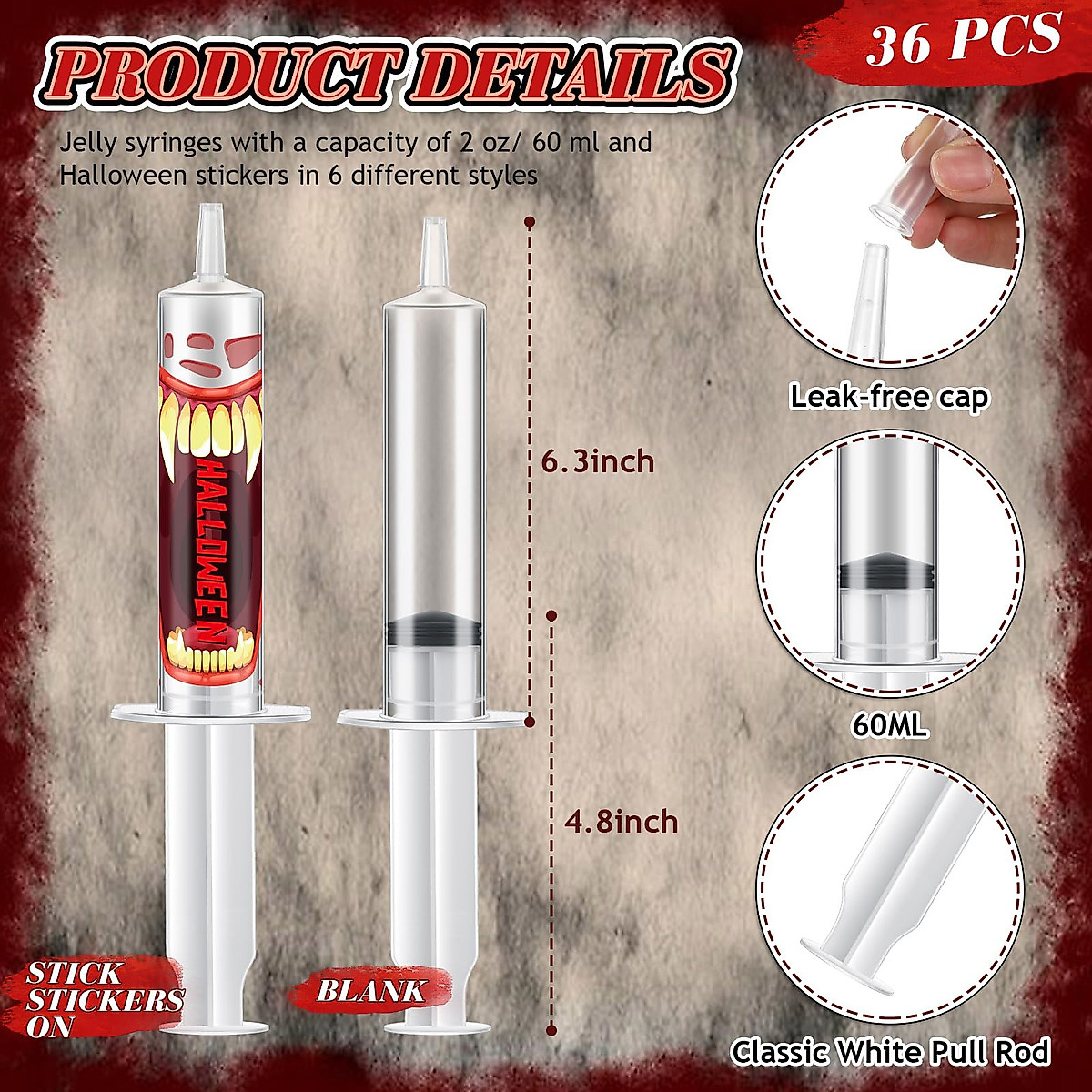 Jenaai 108 Pack Jelly Syringes Set Includes 36 Plastic Jelly Syringes 36 Disposable 2 oz Jelly Containers with Lids and 36 Clear PVC Halloween Stickers for Halloween Party Supplies