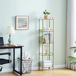 FAVOOSTY 5-Tier Bookcase, Tempered Glass Bookshelves, Narrow Bookshelf for Small Spaces, Storage Rack Display Shelf Slim Shelving Unit for Living Room, Bedroom, Bathroom, Entryway, Office, Golden