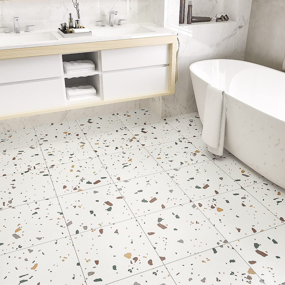 WESTICK Terrazzo Peel and Stick Floor Tile Bathroom Floor Tiles Peel and Stick Waterproof 12x12 in Self Adhesive Marble Vinyl Flooring Durable Removable Vinyl Floor Tiles for Kitchen Bedroom 5 PCS