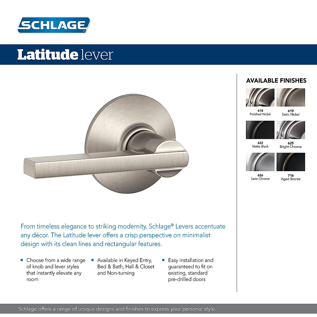 Schlage F10 LAT 622 CEN Latitude Door Lever with Century Trim, Hall & Closet Passage Lock, Matte Black