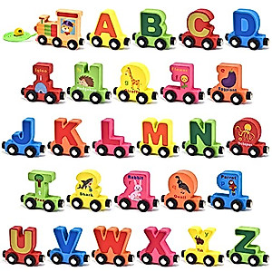 Atoylink 27 Pcs Wooden Train Cars Set Toddlers Magnetic Alphabet Animal Train Toy Kids Boys Girls Letter Cars Montessori Educational Toys for Age 3 4 5 6 7 8