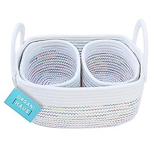 OrganiHaus Set of 3 Rainbow Nursery Storage Baskets for Shelves, Baby Changing Basket, Small Woven Baskets for Storage, Cotton Rope Basket for Toys, Basket with Handles, Round Towel Basket Bins