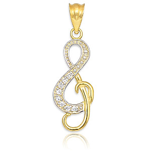 Sideways Crosses 10k Yellow Gold Diamond Treble Clef Charm Music Note Pendant Necklace, 18"