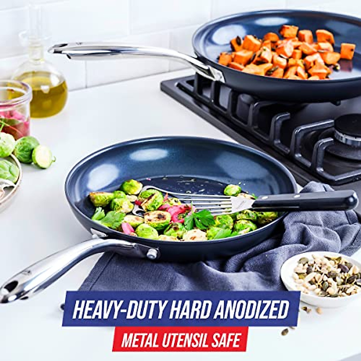 Blue Diamond Cookware Hard Anodized Ceramic Nonstick, 10" and 12" Frying Pan Skillet Set, PFAS-Free, Dishwasher Safe, Oven Safe, Grey