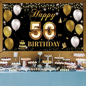 HTDZZI 50th Birthday Banner Backdrop, Happy 50th Birthday Decoration Men Women, 50 Year Old Birthday Party Yard Sign Black Gold, 50th Birthday Photo Booth Props Decor, Fabric, 6.1ft x 3.6ft