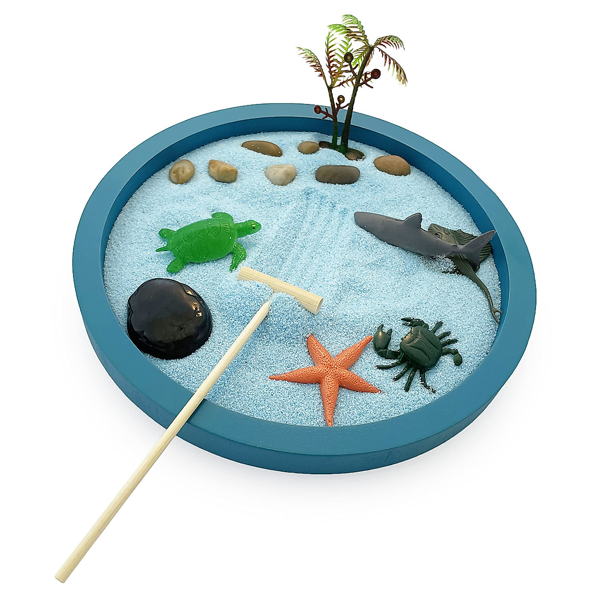 Japanese Zen Garden Mini Kit for Desk - Ocean Beach Theme - Relaxation, Meditation & Mindfulness - Gift for Birthdays, Christmas, Etc. - Includes Rake, Sand, 10+ Accessories! - Tray Diameter 8.5"