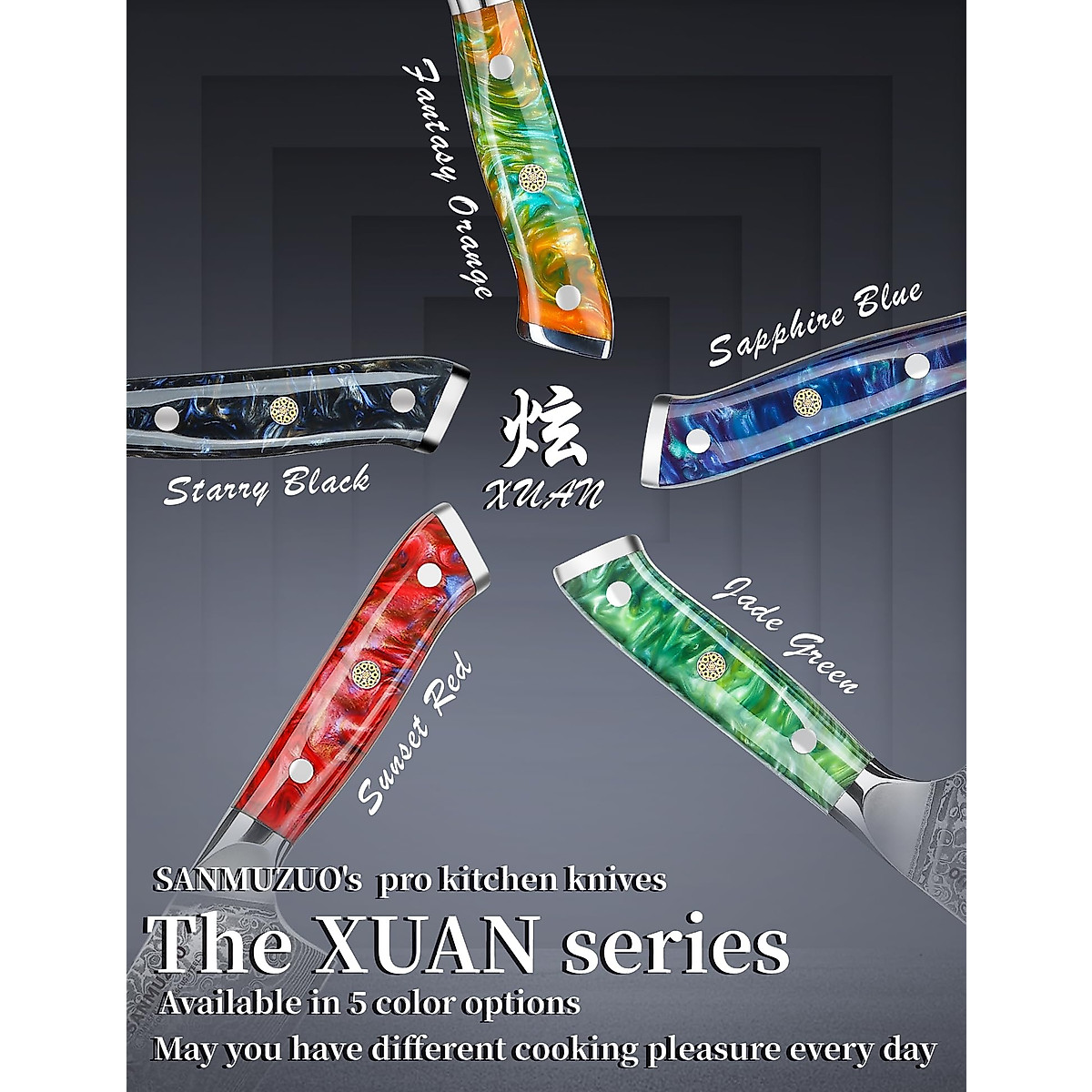 SANMUZUO 5 Inch Kitchen Utility Knife - Xuan Series - VG10 Damascus Steel Kitchen Knives - Resin Handle (Sapphire Blue)