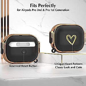 Aiiko Airpod Pro 2nd/1st Generation Case with Lock, AirPods Pro Case with Keychain Golden Heart Pattern Shockproof Protective Cover for Girls Women Compatible Apple Airpods Pro 2 / Pro 1 Gen-Black