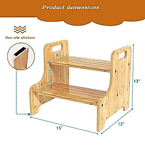 C&AHOME Wooden Toddler Step Stool - Kids Step Stool for Bathroom Sink - Wood Child Step Stool Non-Slip - Sturdy Natural Wood Two Step Stools with Handles for Kids