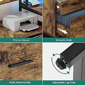 YITAHOME L Shaped Desk with Power Outlets & Hutch, Computer Desk with Drawers & LED Lights, Reversible Corner Office Desk with Printer Stand for Home Office, Rustic Brown