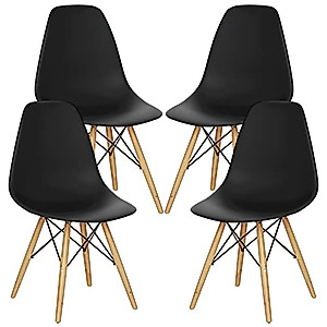 KOTEK Mid Century Modern Dining Chairs Set of 4, DSW Chairs Plastic Shell Chairs with Wood Legs, Armless Side Chairs for Dining Room, Living Room, Kitchen (Black)