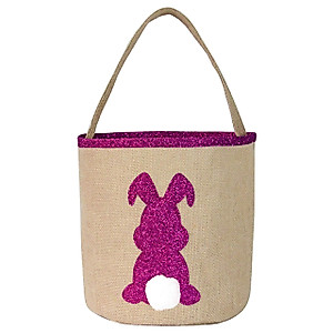 Easter Egg Basket For Easter Egg Hunt Burlap Easter Basket With Glittery Easter Bunny Print Bucket Bag Organizer For Toy Bins, Closet Hamper etc. (pink, 1) Nursery Decor