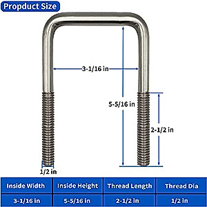 304 Stainless Steel Square U-Bolts Boat Trailer (1/2" D x 3-1/16" W x 5-5/16" L),U Bolt Fit 3" x 3" Square Trailer Frame(4PCS)