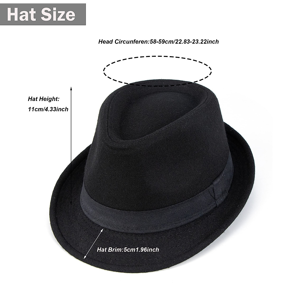 Mens Classic Jazz-Fedora-Hat Manhattan Structured Gangster Trilby Cuban Short Brim Vintage Panama Hats (L:58.5cm/23.03inch, Black)