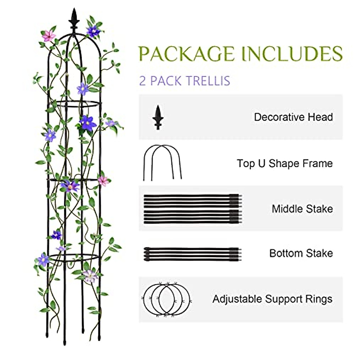 Lalahoni Garden Trellis for Climbing Plants Outdoor, 2 Pack 6ft Tall Plant Support Trellis for Potted Plants Climbing Vine Rose Clematis Outdoor Indoor Garden Obelisk Trellis, Lightweight, Black