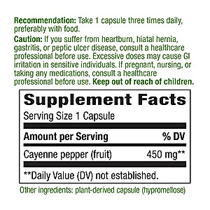 Nature's Way Cayenne 40,000 SHU Potency, 180 Vegetarian Capsules,Cayenne pepper (fruit), Plant-Derived Capsule (Hypromellose)