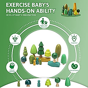 Macabaka Wooden Tree Toy Set 14 Pieces Wooden Sorting Stacking Balancing Stone Rocks Natural Wooden Mini Trees for Home Decor, Cake Topper and Montessori Toys