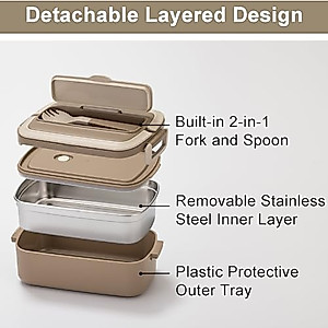 Lille Home Stainless Steel Bento Lunch Box for Adults, 34oz Portable Food Container with Lunch Bag and Utensils, Ideal for Meal Prep and On-the-Go (Brown)