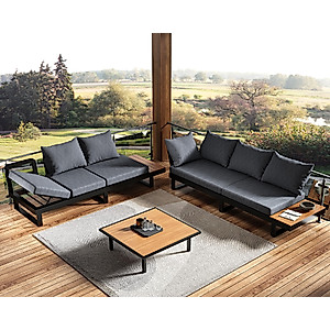 LUXOAK 6-Piece Patio Furniture Sets, Outdoor Aluminum Furniture Sofa, with Wood Side Table & Washable Cushions