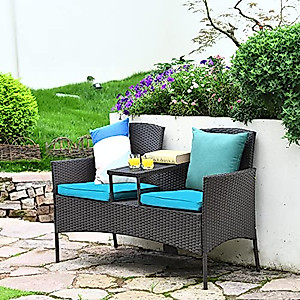 Tangkula Outdoor Rattan Loveseat, Patio Conversation Set with Cushions & Table, Modern Patio Furniture Set Wicker Sofa Set with Built-in Coffee Table, Rattan Sofas for Garden Lawn Backyard