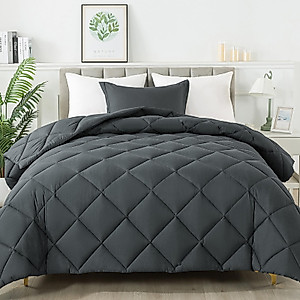 HYLEORY Twin Size Comforter Set with 1 Pillow Sham - Down Alternative Bed Comforters Bedding Sets for All Season - Lightweight - Machine Washable - Dark Grey