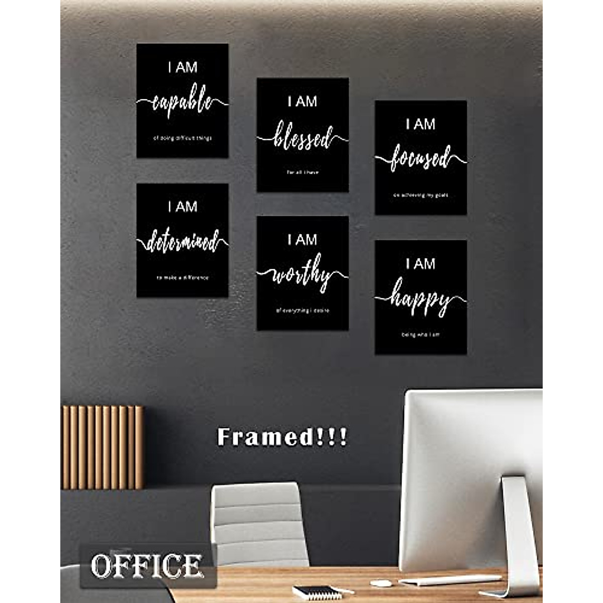 Drsoum Inspirational Wall Art Office Decor, Motivational Wall Art Prints for Office Bedroom Living Room Classroom,Black and White Daily Positive Affirmations Posters for Women Men Kids, Set of 6, 8"x10",FRAMED