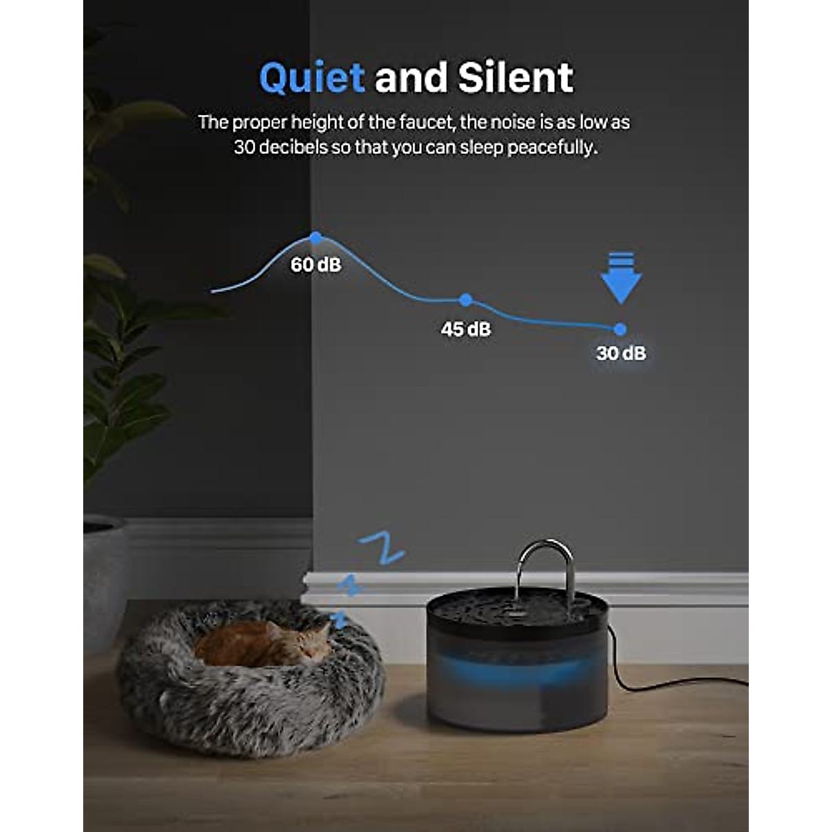 Cat Water Fountain, GIOTOHUN Faucet-Shaped 67oz/2L Cat Fountain, Super Silent , Built-In Led Light, Activated Carbon Filter, Translucent Water Tank, Suitable for Multiple Pets, Black