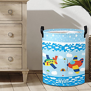 Personalized Laundry Basket Hamper,Airplane Clouds Blue,Collapsible Storage Baskets with Handles for Kids Room,Clothes, Nursery Decor