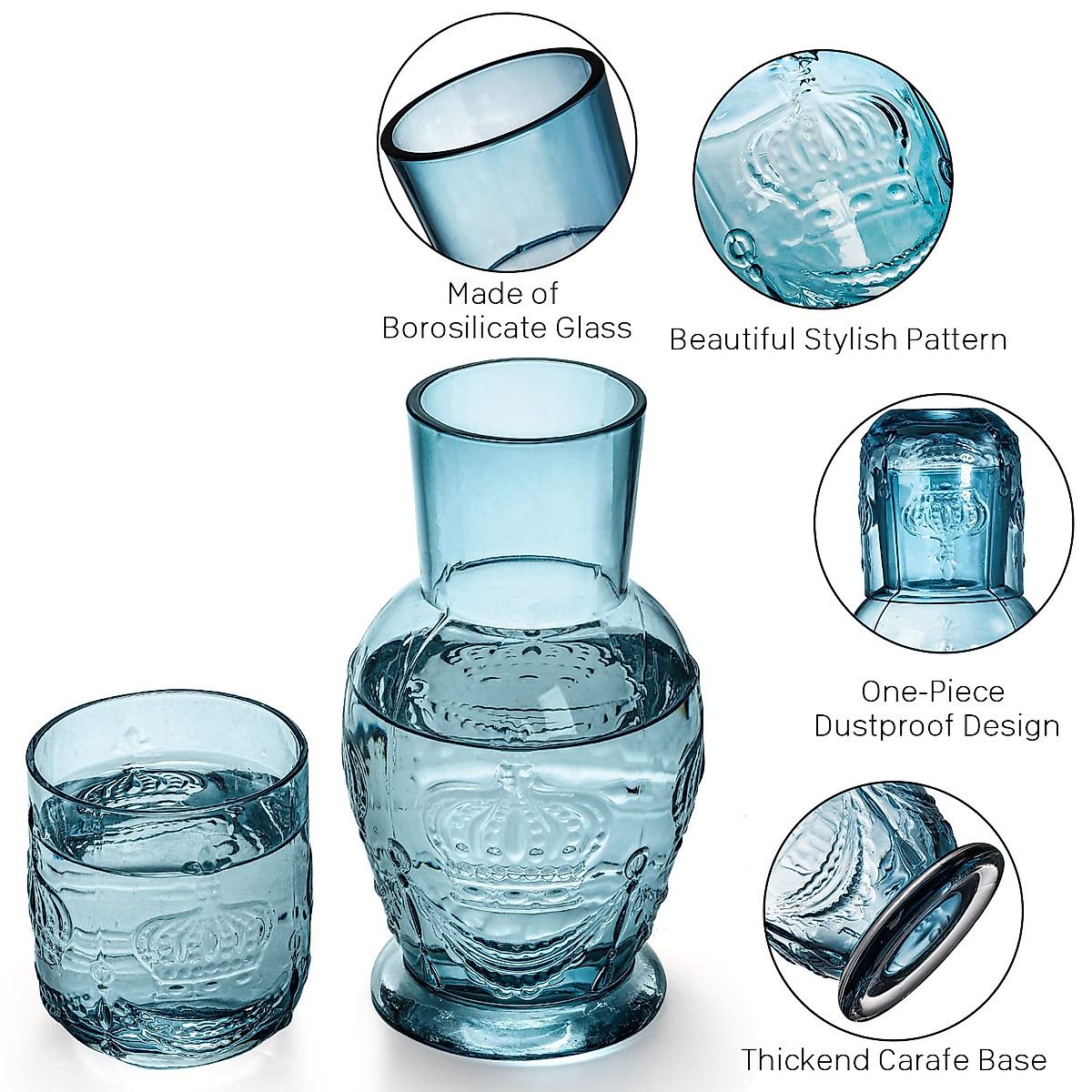 YOUEON 25 Oz Bedside Water Carafe and Glass Tumbler Set, Vintage Water Carafe with Glass Cup for Nightstand, Glass Mouthwash Bottle, Clear Juice Pitcher for Kitchen, Bedroom, Bathroom, Blue