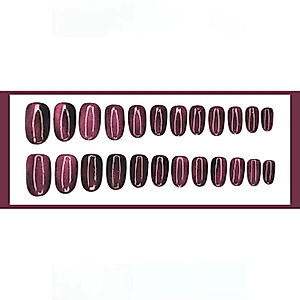 Purple Cat Eye Press on Nails Medium Length Round False Nails 24 Pcs Dark Purple Glossy Glue on Nails Color Changing with Light Luxury Acrylic Fake Nails for Women Girls