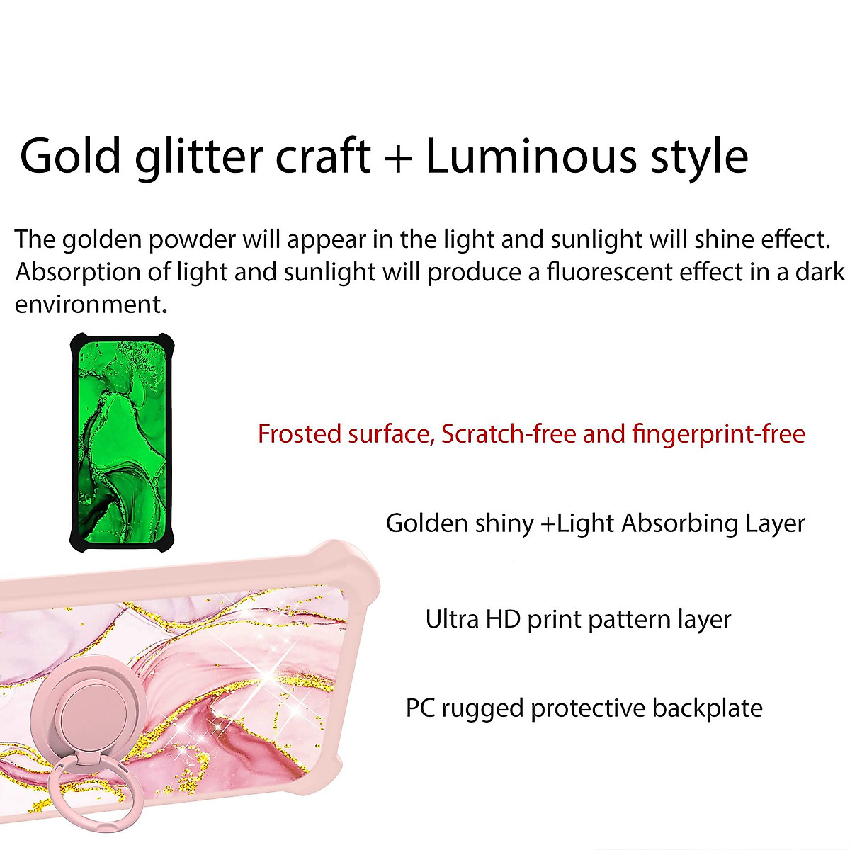 Aroepurt Case for Vortex HD65 Case Compatible with Vortex HD65 Phone Case Cover [with Tempered Glass Screen Protector][Hard PC + Soft Silicone][Ring Support] [Gold Glitter+Luminous] JSF-FDL