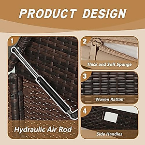 Brightpeak 90 Gallon Patio Storage Bench, Outdoor Wicker Deck Box with Cushion, PE Rattan Box with Handles (Brown)