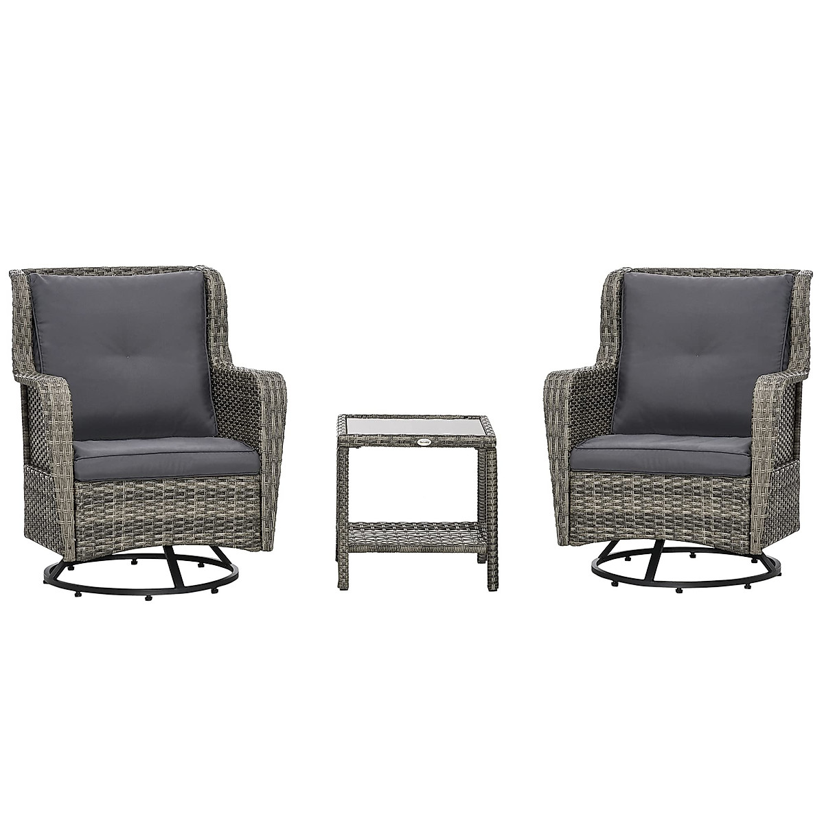 Outsunny 3 Pieces Wicker Outdoor Bistro Set, Rattan Patio Furniture Set with Glass Coffee Table and Swivel Porch Chairs for Backyard, Balcony, Garden, Gray
