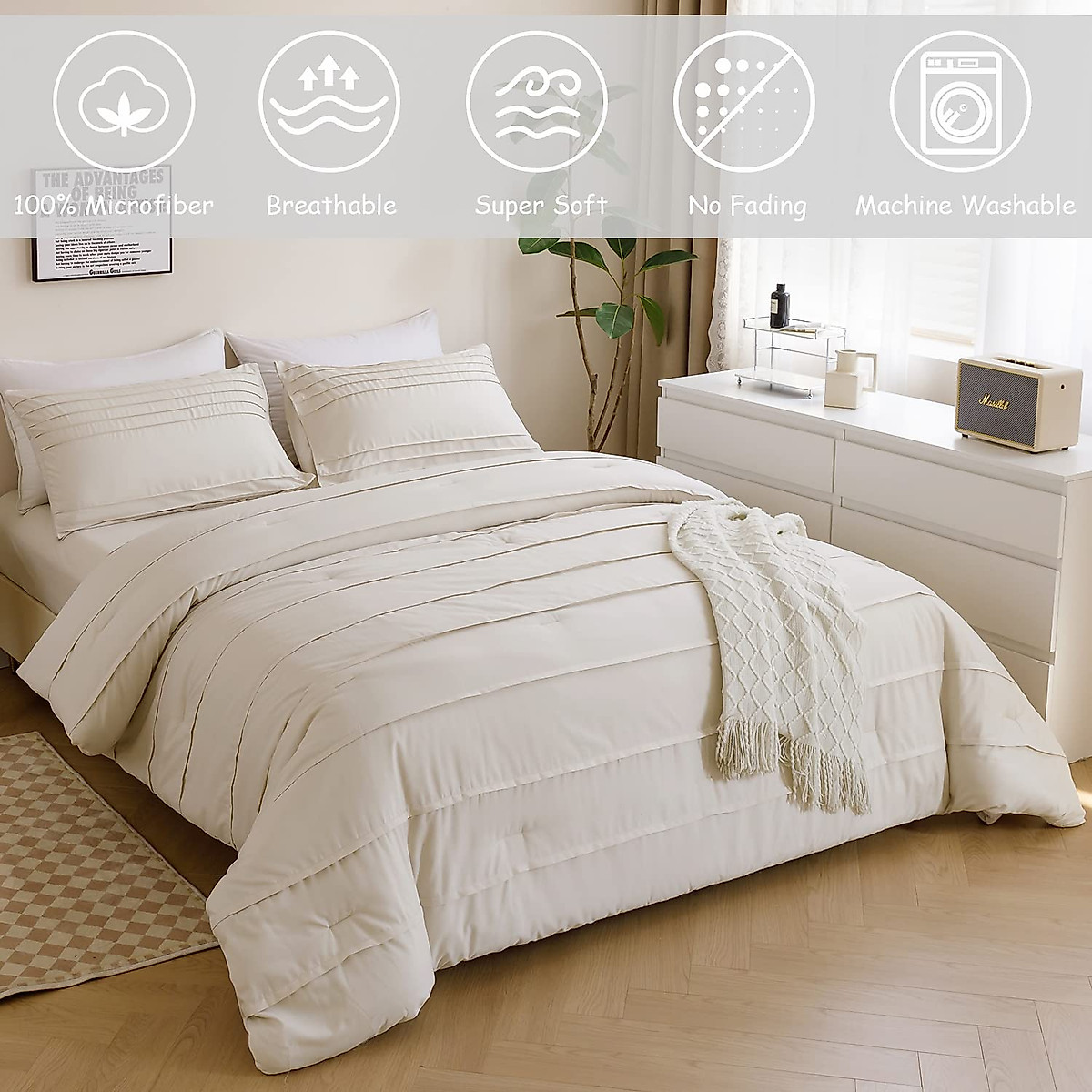 ZRNBAST 5 Pcs Beige Grey Comforter Set Full Size Pleated Textured Bohemian Style Bedding Set with Sheets Pinch Pintuck Striped Fluffy Comforter Set for All Seasons (Beige, Full)