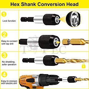 TOPEC Tap Bit Set, 3-in-1 HSS Titanium Coated Drill Tap Combination, 13 PCS SAE/Metric Threading tap Drill bit Set with 1/4 Inch Hex Shank, and Quick-Change Adapter